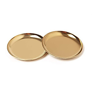 wexpw 2 Pack Gold Jewelry Dish Plate 4inch Stainless Steel Small Gold Decorative Jewelry Tray Golden Tray Round Metal Tray Gold Small Vanity Tray Tea Tray Fruit Trays