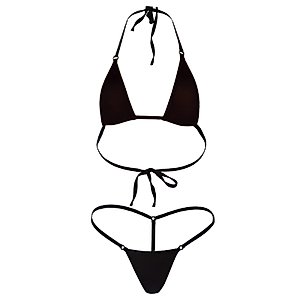 ENGKELAI Sexy bikini underwear women's three-point swimsuit suit transparent mini lace up Thong (black)