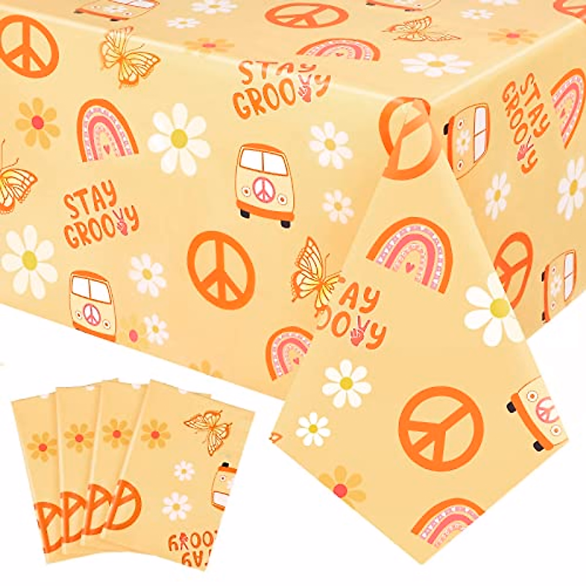4 Pcs Stay Groovy Tablecloth Retro Hippie Boho Party Table Covers Daisy Flower Bohemian Rainbow Tablecloths Disposable Waterproof Table Cover 60s Theme Birthday Party Decor Supplies (42.5 x 70.8 Inch)