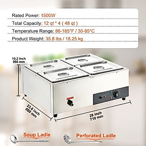 Commercial Food Warmer, 4-Pan Electric Steam Table with 12QT Pans, Stainless Steel Countertop Buffet Bain Marie