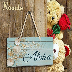 Naanle Aloha Door Sign Plaque with Rope, Wooden Seashell Hanging Sign Wall Art for Entrance Porch Front Home Garden Office Business Outdoor Decor 6 x 11 inches