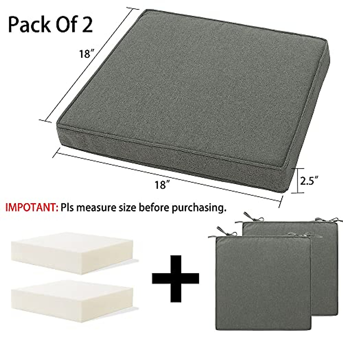 Magpie Fabrics Patio Square Chair Cushions 18"x18"x2.5" with Ties, 2 Pack, Waterproof Weather Resistant Indoor/Outdoor Universal Corner Seat Cushion, for Garden Dining Office(Dark Grey)