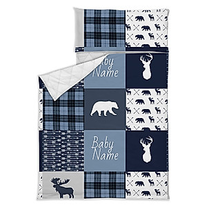 Personalized Name Nap Mat for Toddlers, Custom Woodland Moose Sleeping Bag with Pillow Case & Blanket Quilt for Kids Girls Boys, Slumber Bags for Daycare, Preschool, Kindergarten