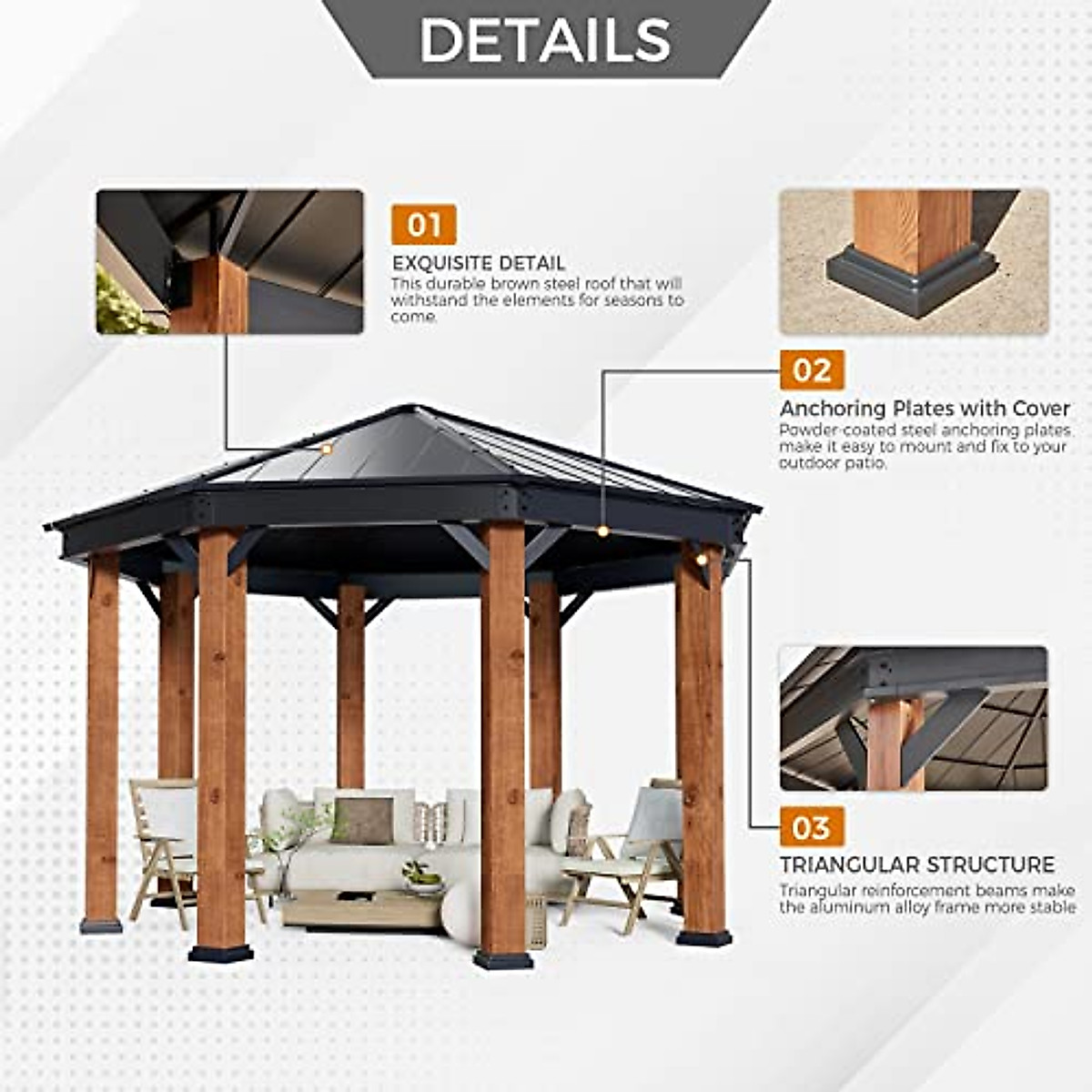 Erinnyees 15' x 15' Gazebo, Hardtop Gazebo Wood-Looking Octagon Gazebo with Galvanized Steel Double Roof, Aluminum Frame, Outdoor Patio Gazebo for Deck, Backyard, Patio, Lawns