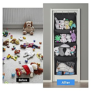 Stuffed Animal Organizer, 4 Pockets Over Door Organizer for Stuffies and Toy Plush, Kids Bedroom Organization Animal Storage Net Hammock with Hooks, Hanging Toy Plush Storage for Nursery, Bedroom