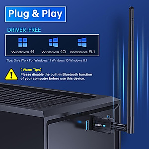 USB Bluetooth 5.3 Adapter for PC, Driver Free, Long Range 492FT / 150M Bluetooth Stick Receiver & Transmitter Compatible with Windows 11/10/8.1, (Need to Disable Built-in Bluetooth of PC) - Black