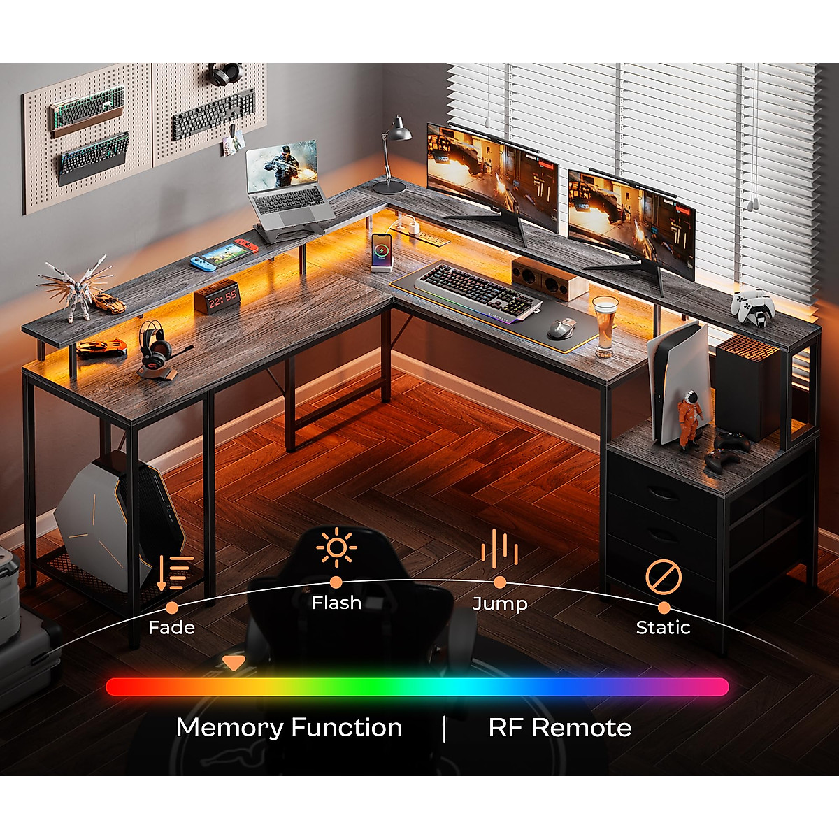 Huuger L Shaped Gaming Desk with LED Lights and Power Outlets, Computer Desk with 3 Drawers, 66.1 Inches Corner Desk, Home Office Desk with Printer and Monitor Stand, Large Storage Space, Grey