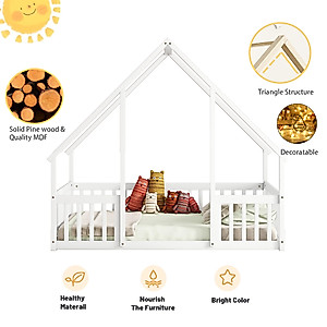 Luckiofvonne House Bed for Kids, Full Size Floor Bed with Fence Rails, Wood Montessori Bed Frame for Girls Boys Teens, White