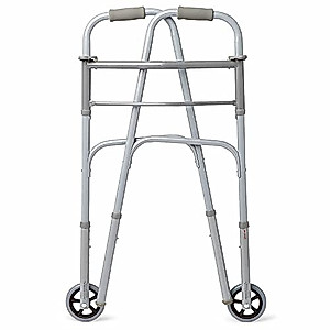Walker Folding Deluxe 2 Button with Front 5" Wheels, Adjustable Height (Short, Standard, Tall People) by Healthline Trading