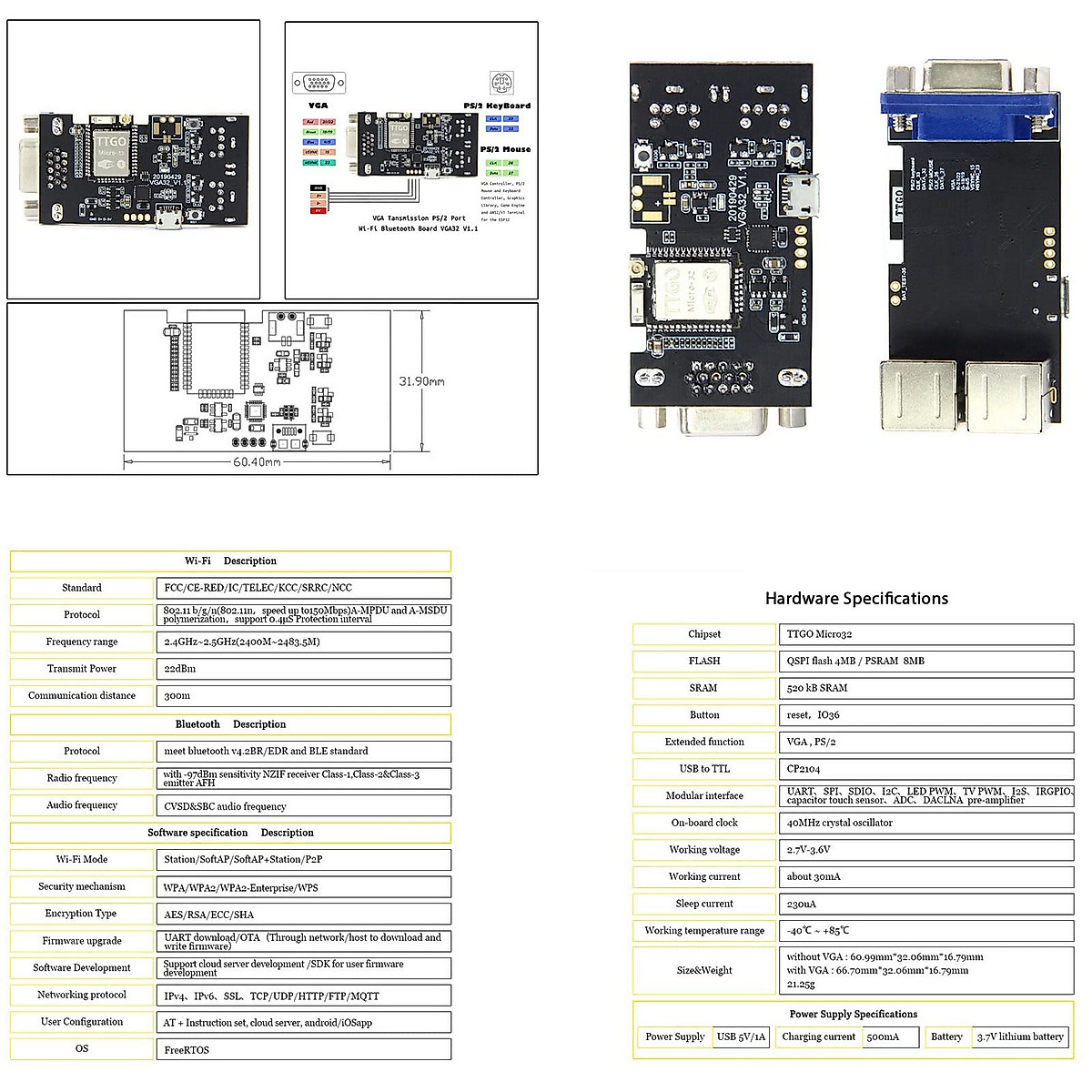 Diyeeni VGA Controller Board, PS/2 Control Module for Mouse Keyboard, Control Module with Micro32 Chipset, Graphics Library Game Engine ANSI/VT Terminal for ESP32
