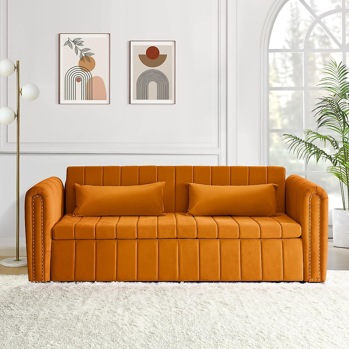 Antetek Oversized Sleeper Sofa w/Pullout Bed, 82-inch Modern Velvet Fabric Deep 3-Seat Couch with Metal Frame, 2 Toss Pillows, Comfy Upholstered Furniture for Living Room, Orange
