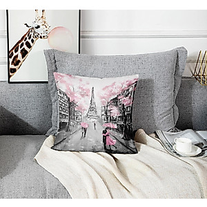Emvency Throw Pillow Cover Oil Painting Paris European City Landscape France Eiffel Tower Black White and Pink Modern Couple Under Decorative Pillow Case Home Decor Square 18x18 Inches Pillowcase