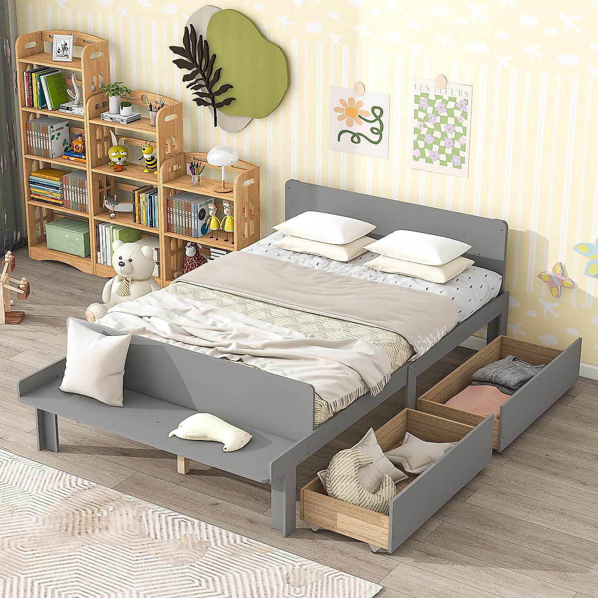 Full Size Bed Frame with 2 Storage Drawers, Wood Full Kids Platform Bed with Headboard and Footboard Bench for Bed Room Apartment, Full Storage Bed for Boys Girls (Grey with Drawers)