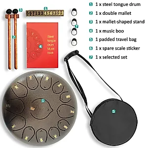 Sidasu Steel Tongue Drum 13 Notes 12 Inches Percussion Instrument Handpan Drum with travel Bag Music Book Mallets steel tongue drum stand（ 13 Notes 12 Inches, Bronze）