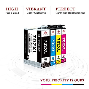 Toner Kingdom Remanufactured Ink Cartridge Replacement for Epson 702XL T702 702 Ink Cartridges Combo Pack for Workforce Pro WF-3720 WF-3730 WF-3733 Printer (Large Black, Cyan, Magenta, Yellow, 4-Pack)