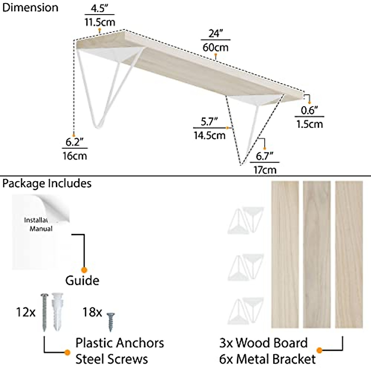 Wallniture Colmar 24" Bathroom Shelves Wall Mounted, Floating Shelves for Wall Decor, Wall Bookshelf Living Room Decor, Wall Shelves for Bedroom & Kitchen, White Brackets, Wood, Natural Set of 3