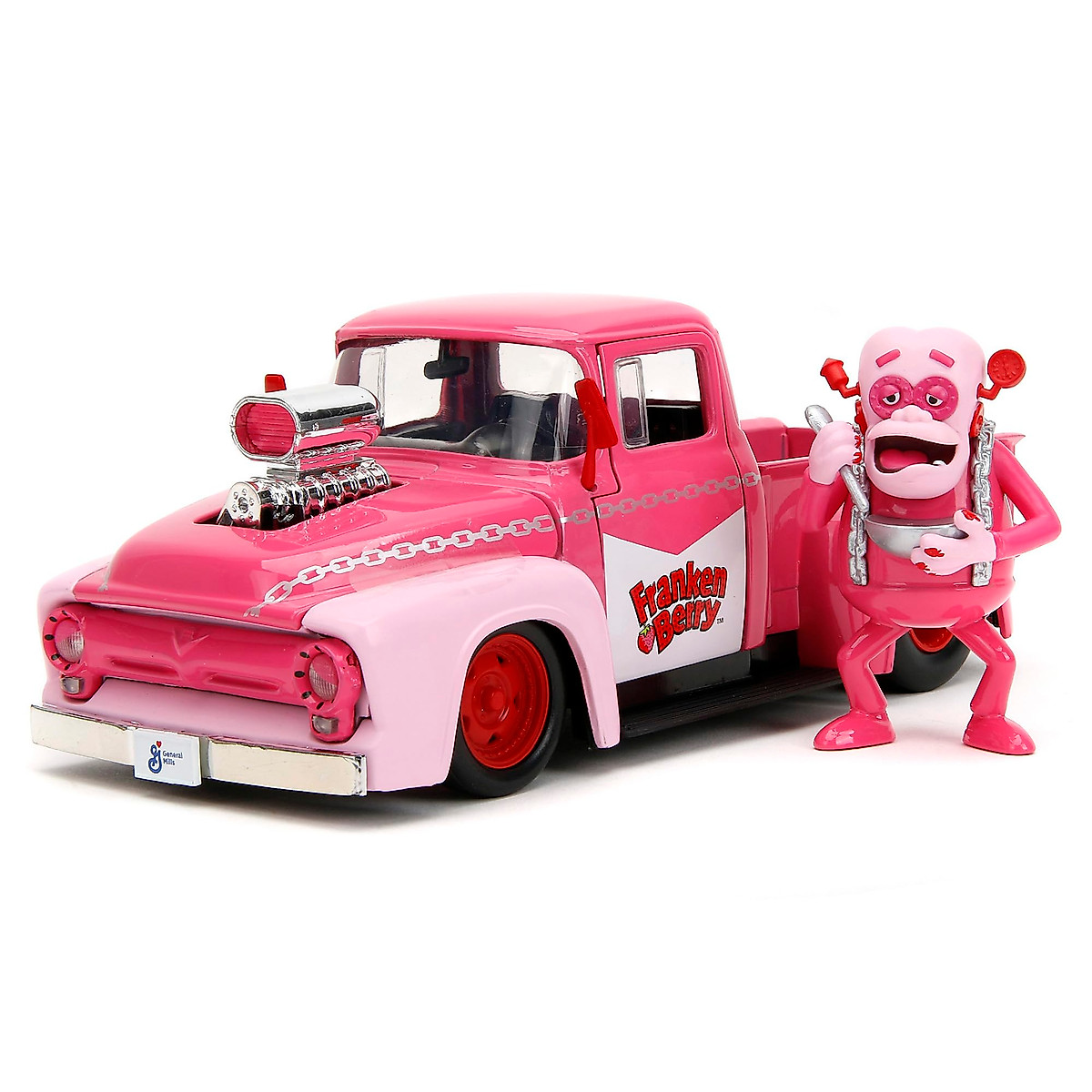 1956 F-100 Pickup Truck Pink with Graphics and Franken Berry Diecast Figure Franken Berry Hollywood Rides Series 1/24 Diecast Model Car by Jada 32025