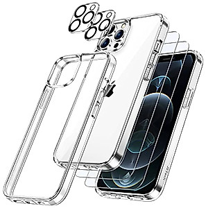 JETech 3 in 1 Case for iPhone 12 Pro Max 6.7-Inch, with 2-Pack Screen Protector and Camera Lens Protector, Non-Yellowing Shockproof Bumper Phone Cover, Full Coverage Tempered Glass Film (Clear)