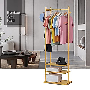 MoNiBloom Bamboo Freestanding Garment Rack with Shelves and Hooks Tall 3 Tiers Clothes Racks Clothing Storage Shelving w/Pants Racks for Bedroom Laundry Room Guest Room, Natural