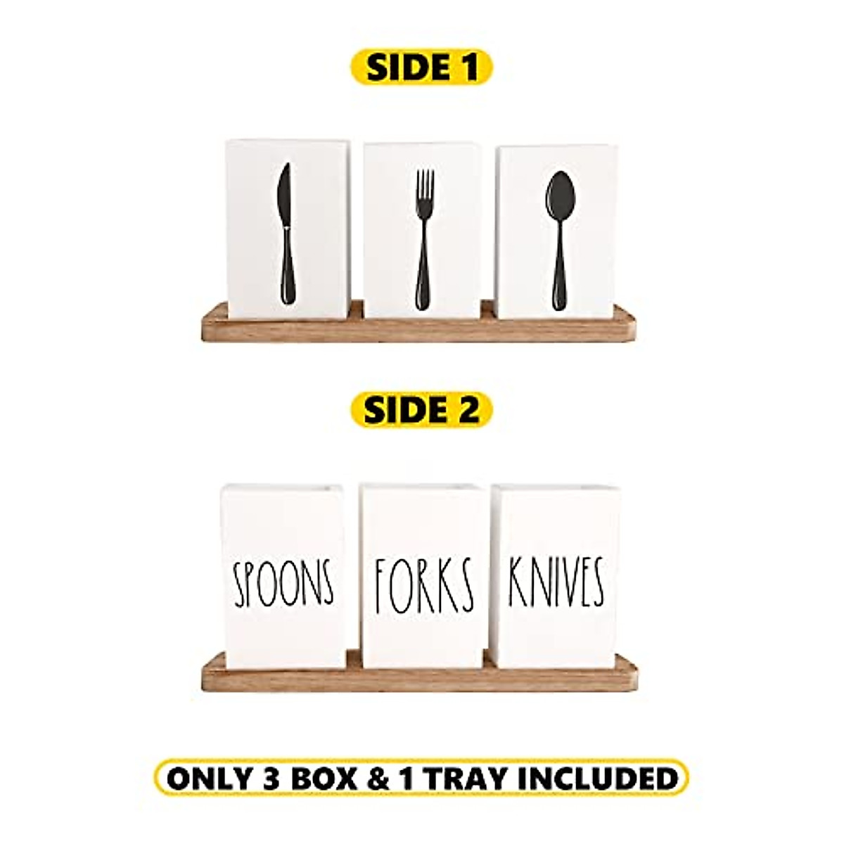 CHONIC Farmhouse Silverware Holder, Rustic Wood Silverware Caddy with Tray, Spoon Fork Knives Flatware Dispenser, Utensil Countertop Organizer, Plastic Cutlery Holder for Kitchen Party (White)