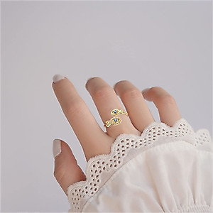 Double Fish Blue Evil Eye Wrap Open Rings 18K Gold Plated Sparkly Cubic Zirconia Good Luck Statement Adjustable Stacking Middle Tail Finger Thin Ring for Women Symbol of Protection Talisman Amulet Lucky Jewelry Fashion CZ Gifts for Mom