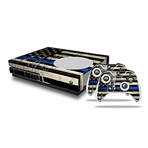 WraptorSkinz Decal Vinyl Skin Wrap Compatible with Xbox One S Console and Controllers - Painted Faded Cracked Blue Line Stripe USA American Flag