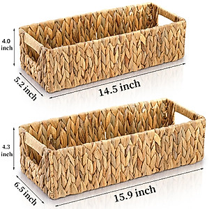 2 Pack Wicker Storage Baskets, Water Hyacinth Holder for Toilet Paper, Rectangular Natural Bins with Built-in Handles, Handwoven Organizer for Bathroom Kitchen Pantry Tank Top, 2 Sizes