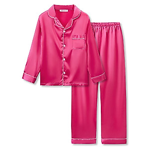 Topgal Cute Hot Pink Pajama Set for Girls – Satin Silky Long Sleeve & Pants Button Down PJ Set Size 10