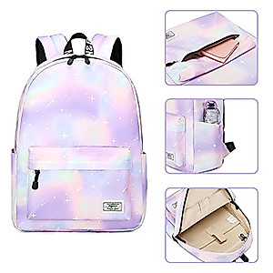 mygreen Tie Dye Girls Backpack, Kid Backpacks for Girls Cute Lightweight Bookbag with Lunch Bag Galaxy Green Purple