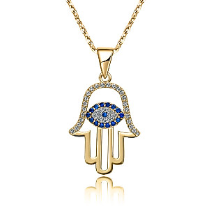 SLOONG Evil Eye Hamsa Hand Necklace 14k Gold Plated Third Eye White Blue Cz Womens Pendant Necklace