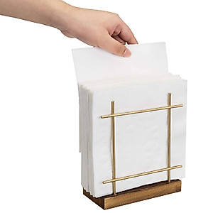 MyGift Contemporary Brass-Tone Wire Metal Upright Napkin Holder with Rustic Burnt Brown Wood Base, Decorative Kitchen Table Dining Napkin Holder