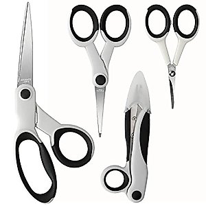 Premium Tailor Sewing Scissors Bundle, 8.1" Heavy Duty Sharp Fabric Scissors, 5.1"/4" Detail Embroidery Scissors, 5" Thread Snips with Comfort Grip (Grayish White)