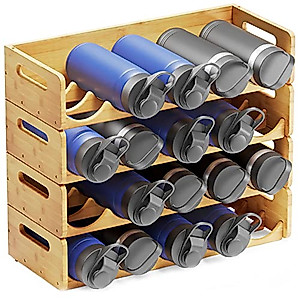 SpaceAid Bamboo Water Bottle Organizer with Labels, Kitchen Pantry Water Bottle Storage Rack for Cabinets, Home Cup and Wine Bottle Holder Shelf Organizers, 4 Pack 5-Slot, Hold 20 Bottles