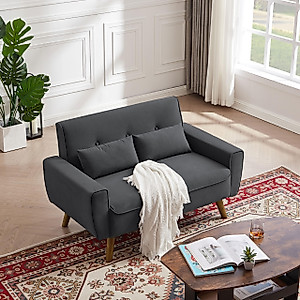 Tornama 48" Small Loveseat Sofa, Mid Century Modern Love Seat Couch, 2 Seat Tufted Couches with Throw Pillows for Living Room, Apartment, Bedroom and Small Spaces, Dark Grey