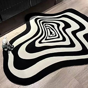 Black and White Abstract Striped Irregular Shape Area Rug 3ft Faux Wool Ultra Soft Rug for Livingroom Bedroom Diningroom Aesthetic Home Office Decor Playroom Carpet