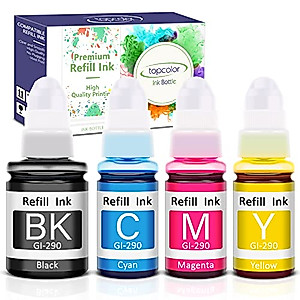Topcolor Compatible Dye Ink Refill Replacement for Canon GI-290 GI290 Ink Bottles Kit Work for Canon PIXMA G4200 G4210 G3200 G2200 G1200 Printer (1 Black Ink 135mL, C/M/Y Ink 70mL, 4-Pack)