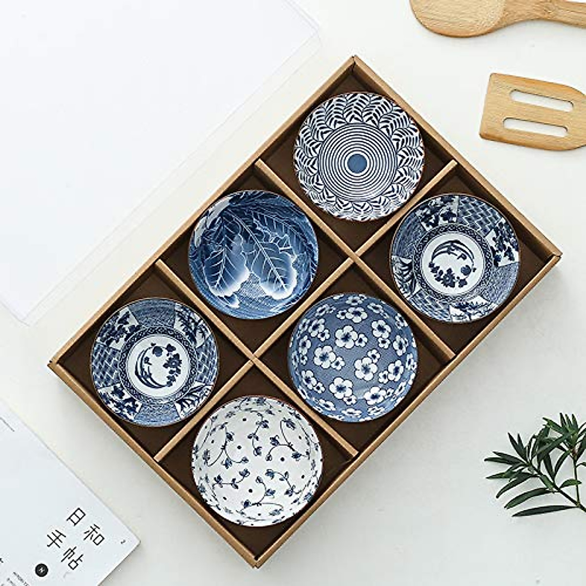 Gegong 6 Pack Ceramic Bowls, Japanese Style Rice Bowls, 10 Ounces Thickening Blue and white porcelain bowls, Cereal Bowls for Kitchen, Suitable for microwave, ovens, dishwashers (mixing)