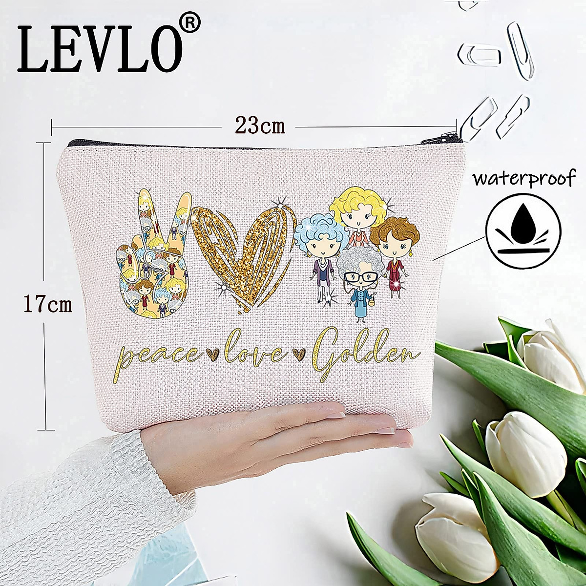 LEVLO Funny Golden Cosmetic Bag Golden TV Show Fans Gift Peace Love Golden Makeup Zipper Pouch Bag For Friend Family BFF(Peace Love Golden)
