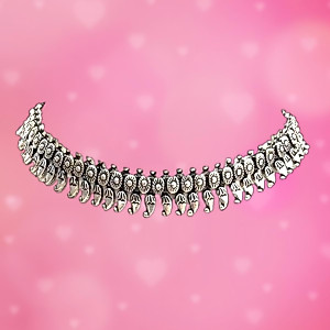 athizay Necklace oxidised silver choker for women fashion traditional Indian jewelry tribal inspired antique silver Choker Metal jewellery (Tooth Bead with Drawstring)
