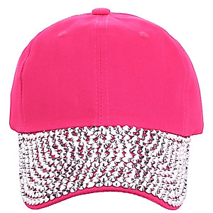 Shiny Rhinestone Brim Baseball Cap for Women Girls Sparkle Velcro Ponycap Adjustable Mesh Trucker Hat Outdoors Sun Cap Hot Pink