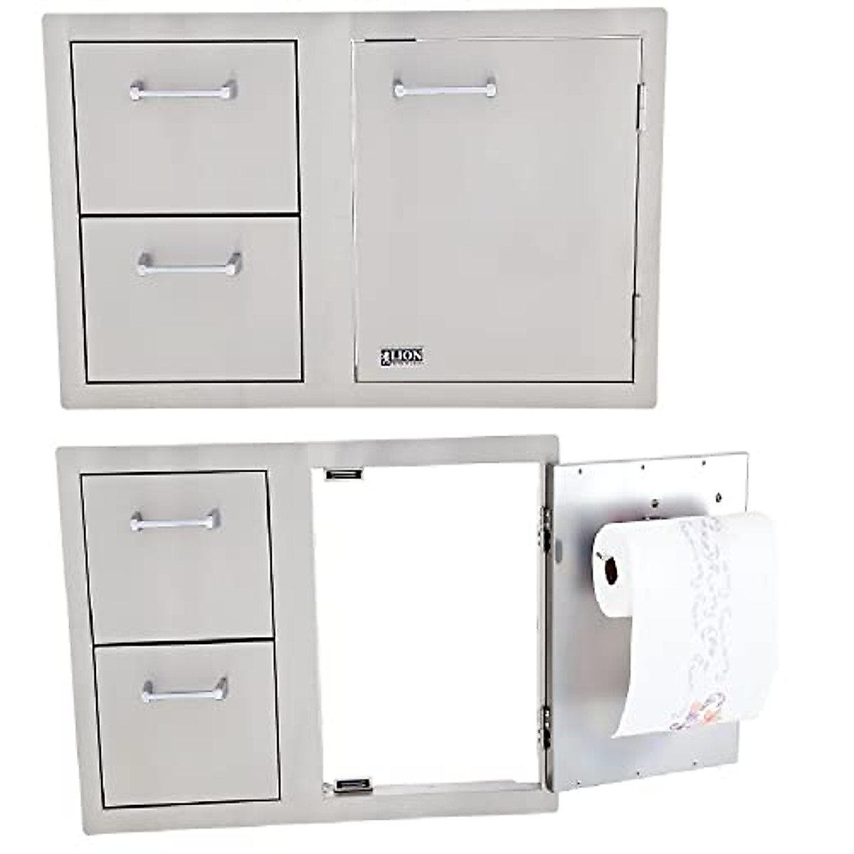 AMS Fireplace Lion BBQ Package Gas Grill 32", Double Side Burner, Door Drawer Combo, Vertical Door, Sink with Faucet and Accessories (Liquid Propane) | Free Table-top Bio Ethanol Fire Pit.