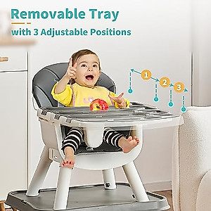 Baby High Chair, 8 in 1 Convertible High Chairs for Babies and Toddlers, Baby High Chair with Double Removable Tray, Infant Booster Seat, Building Block Table, Kids Stool Table Set (Gray)