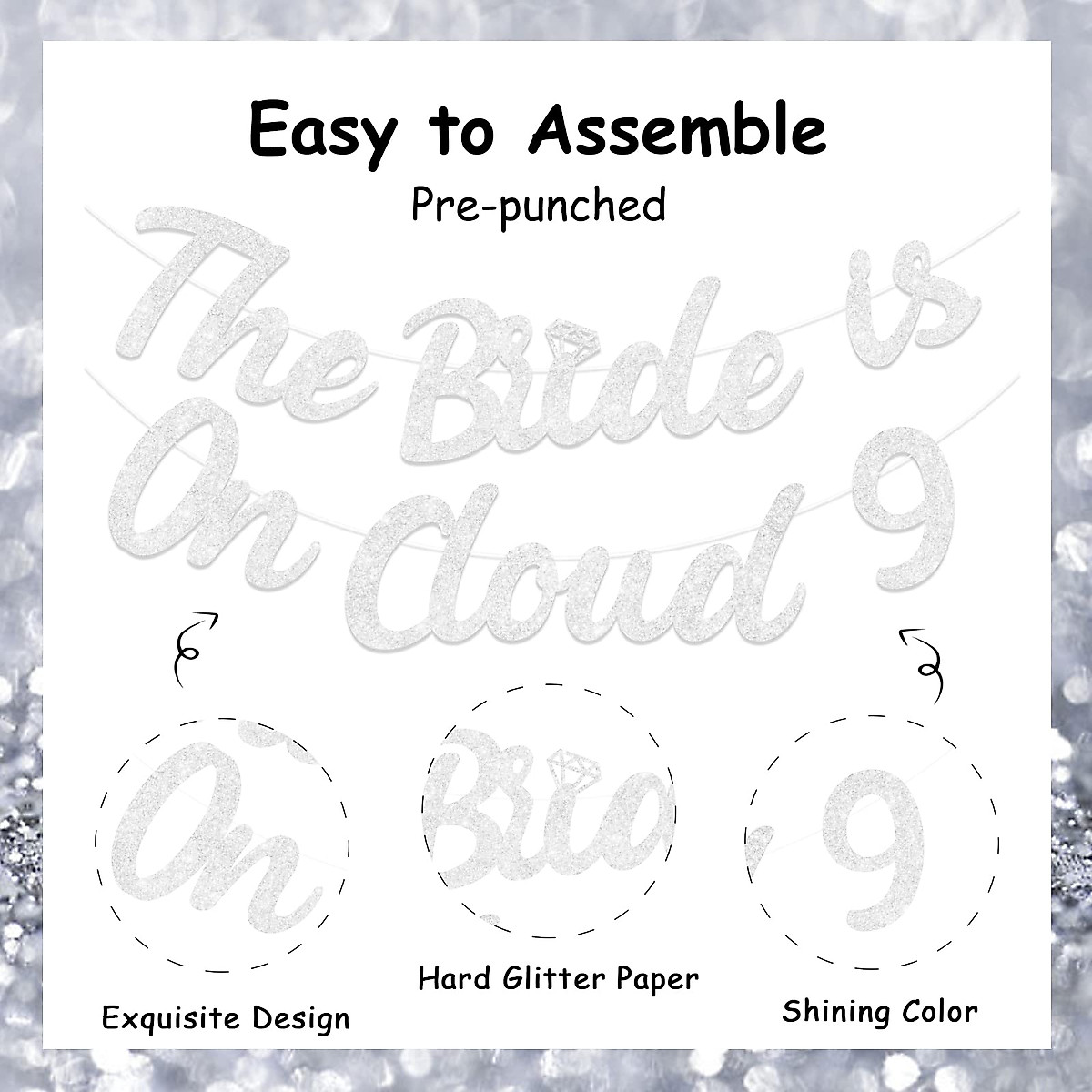 Bride On Cloud 9 Decorations - On Cloud 9 Banner Silver, Bachelorette Party Decor Glitter Banner for Engagement Wedding Decorations