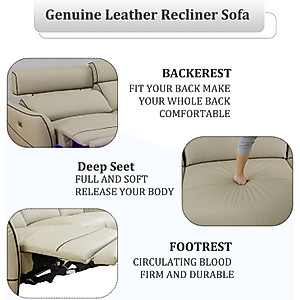 Plithzy Genuine Leather Power Recliner Sofa with LED, 114" Leather Sofa Couch with Adjustable Headrest&USB Charging, Power Reclining Sofa Living Room Furniture Set (Recliner Couch, Kachi Color)
