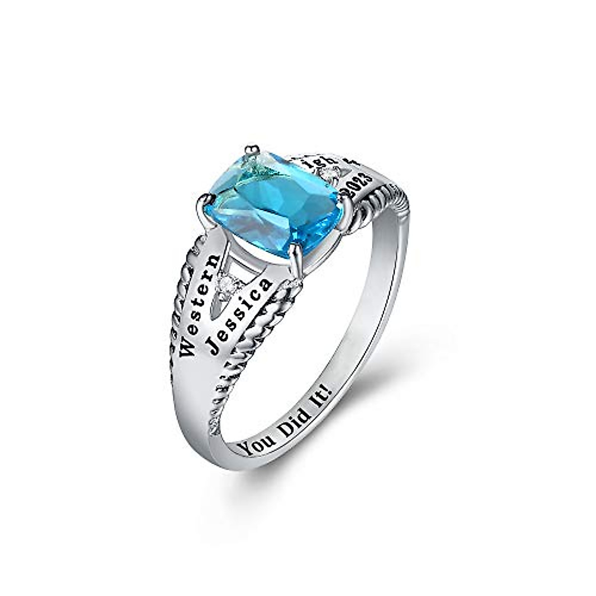 PJM Customized Sterling Silver Women’s High School Class Ring – Elegant Collection – Fully Personalized (Sterling Silver Platinum)