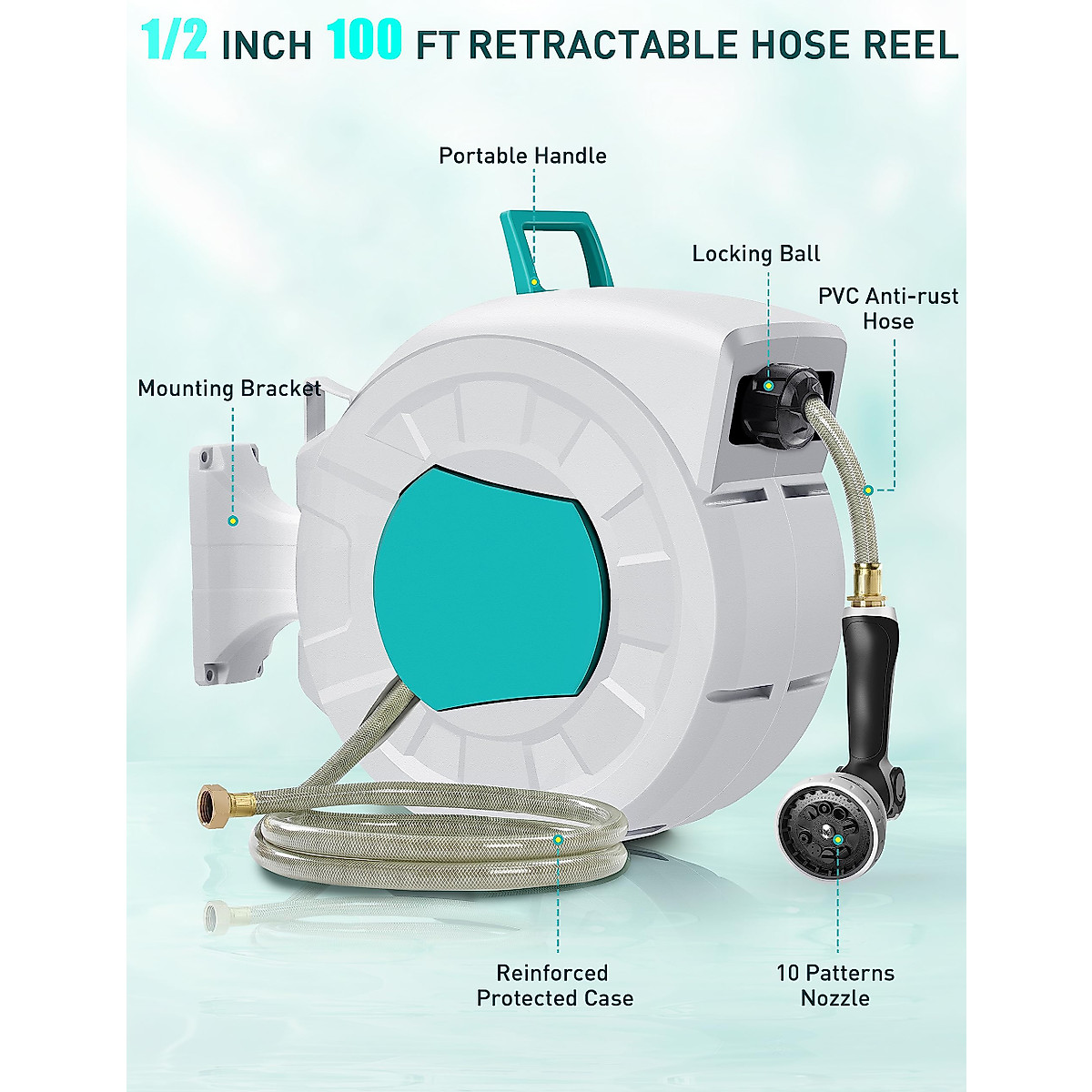 Rengue Retractable Garden Hose Reel, 1/2" x 100 ft Wall Mounted Hose Reel with 10 Pattern Nozzle, Automatic Slow Rewind, Any Length Lock, 180° Swivel Bracket, Ideal for Garden Watering