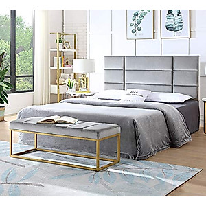 24KF Gray Velvet Upholstered Tufted Channel Bench, Velvet Cushion with Golden Metal Frame -Gray/Golden