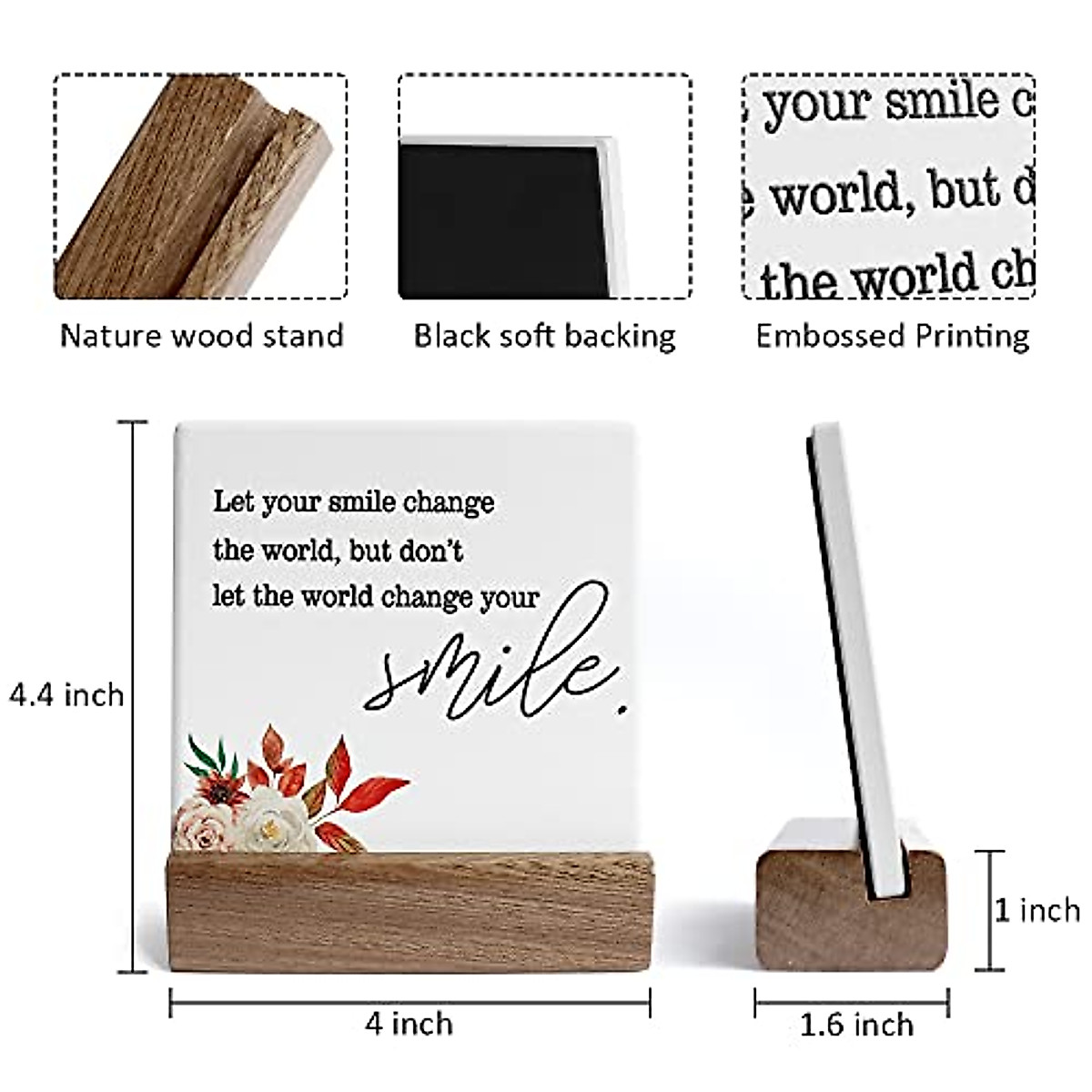 Pigort Let Your Smile Change the World Sign Decor Inspirational Desk Quote Sign Office Motivational Gifts Positive Quotes Ceramic Decor with Wooden Stand for Home Office Classroom Decoration