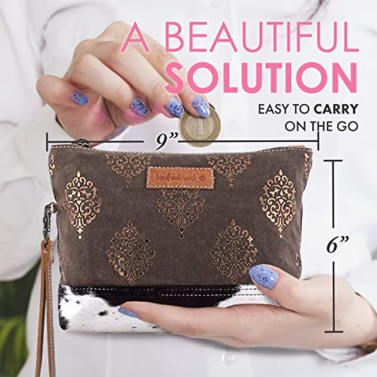 SIXTEASE Women's Fashion Wristlet Small Clutch With Wrist Strap - Vintage Style Zipper Made with Genuine Leather, Upcycled Canvas, Rug, or Hair On - Unique Designs, Hand Stitched - Dimensional