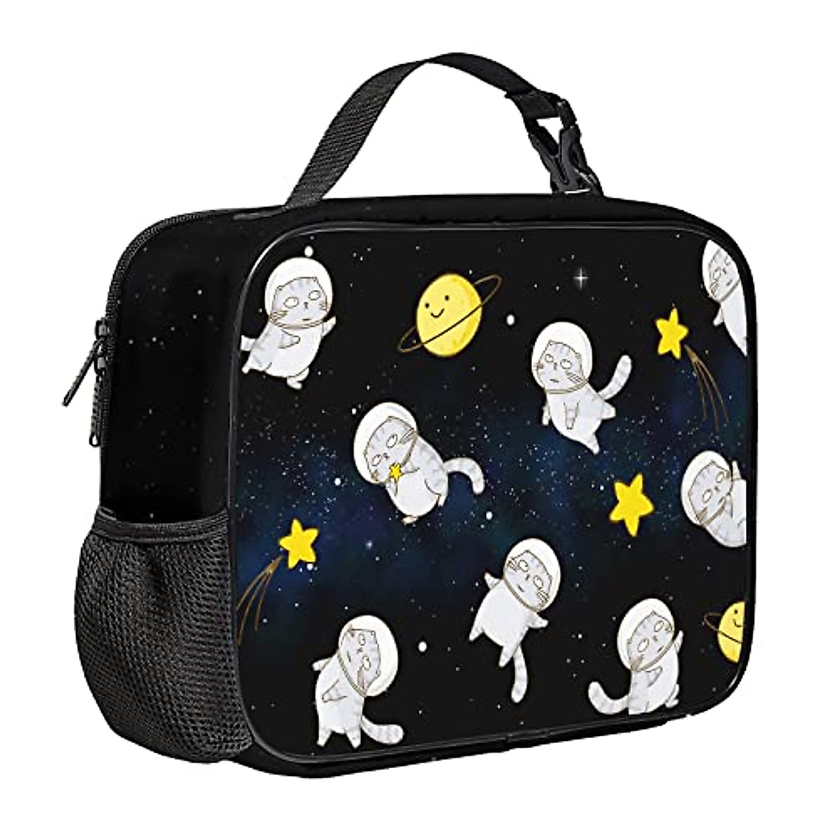 Fashion Cat Lunch Bag with Locking Hand Strap Durable Waterproof Universe Lunch Box High Capacity Insulation Lunch Tote Bag with Pockets for Boy Girl Women Men